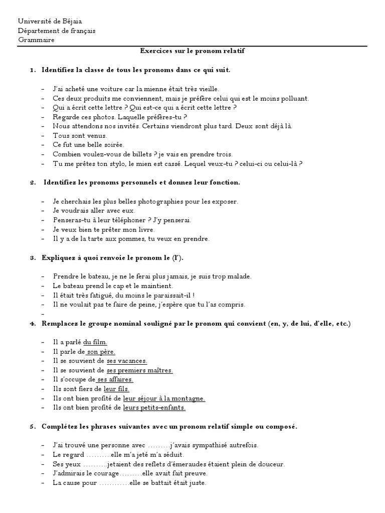 Exercices sur les pronoms relatifs | PDF | Pronom