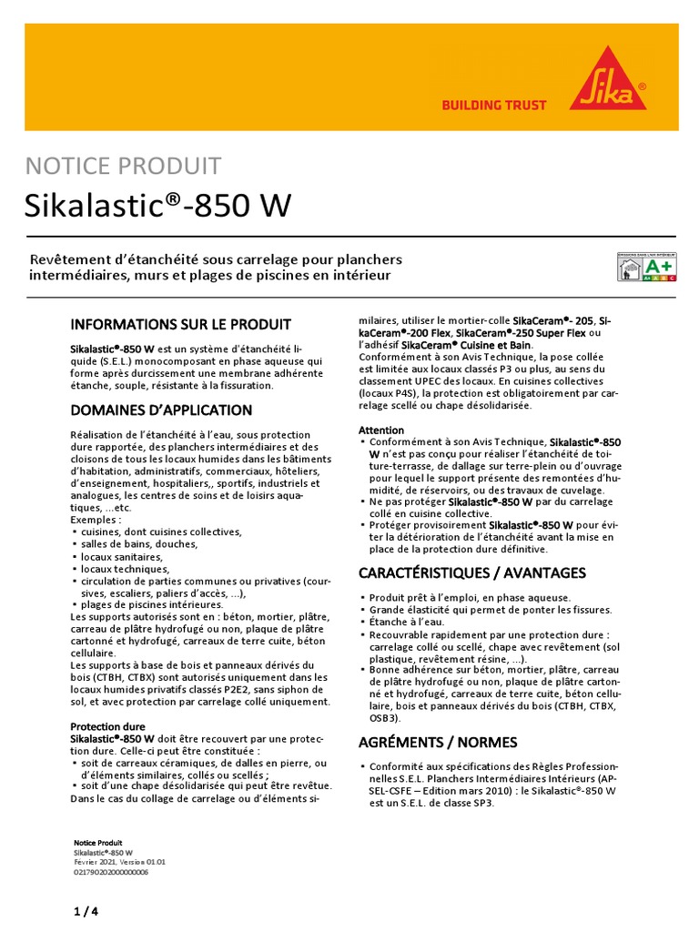 Sikalastic 850 W | PDF | Plâtre | Mortier (matériau)