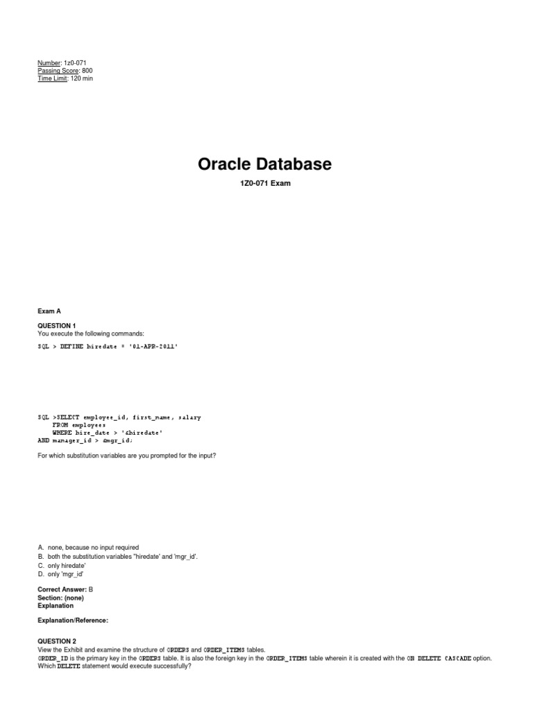 Oracle Database - OCA Certification (1Z0-071) Exam (2018-06-30) | PDF ...