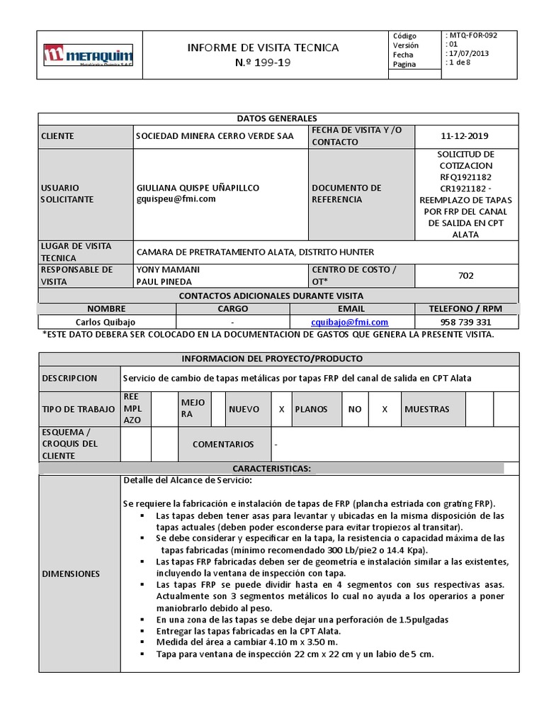 Informe de Visita Tecnica 199-19 SMCV 2019-12-11 RFQ1921182 | PDF ...