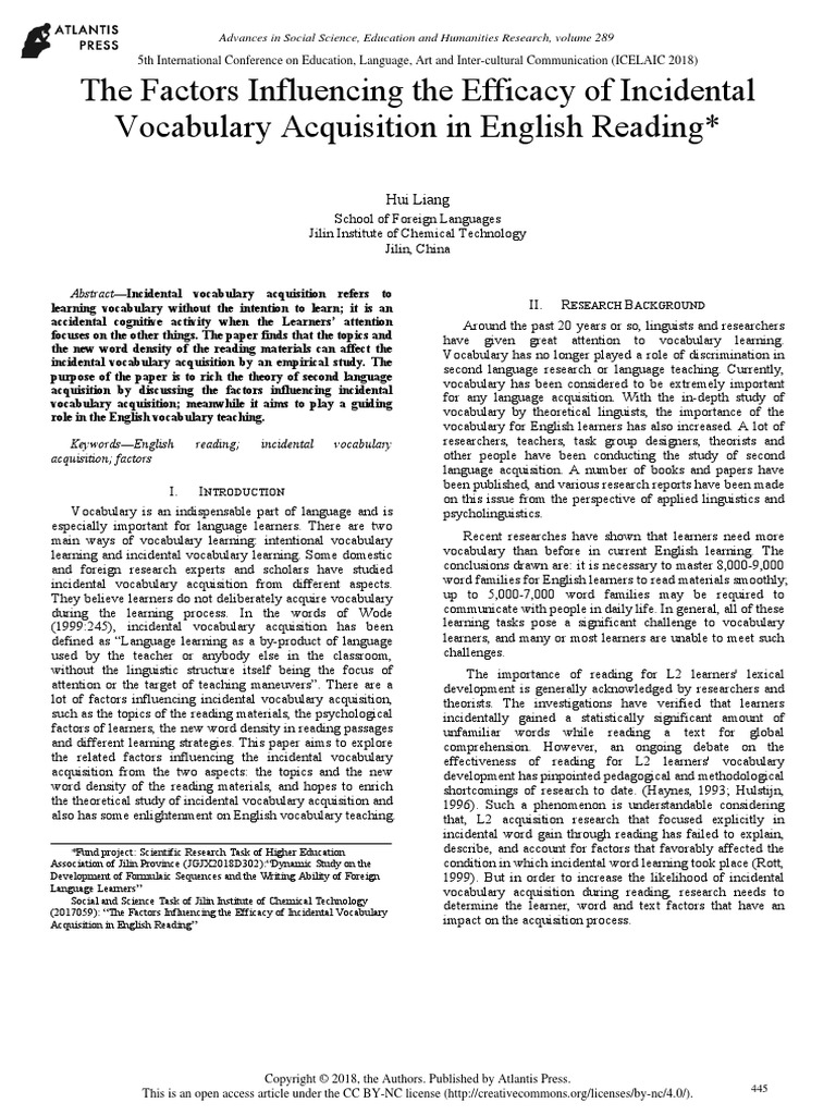 The Factors Influencing The Efficacy of Incidental Vocabulary ...