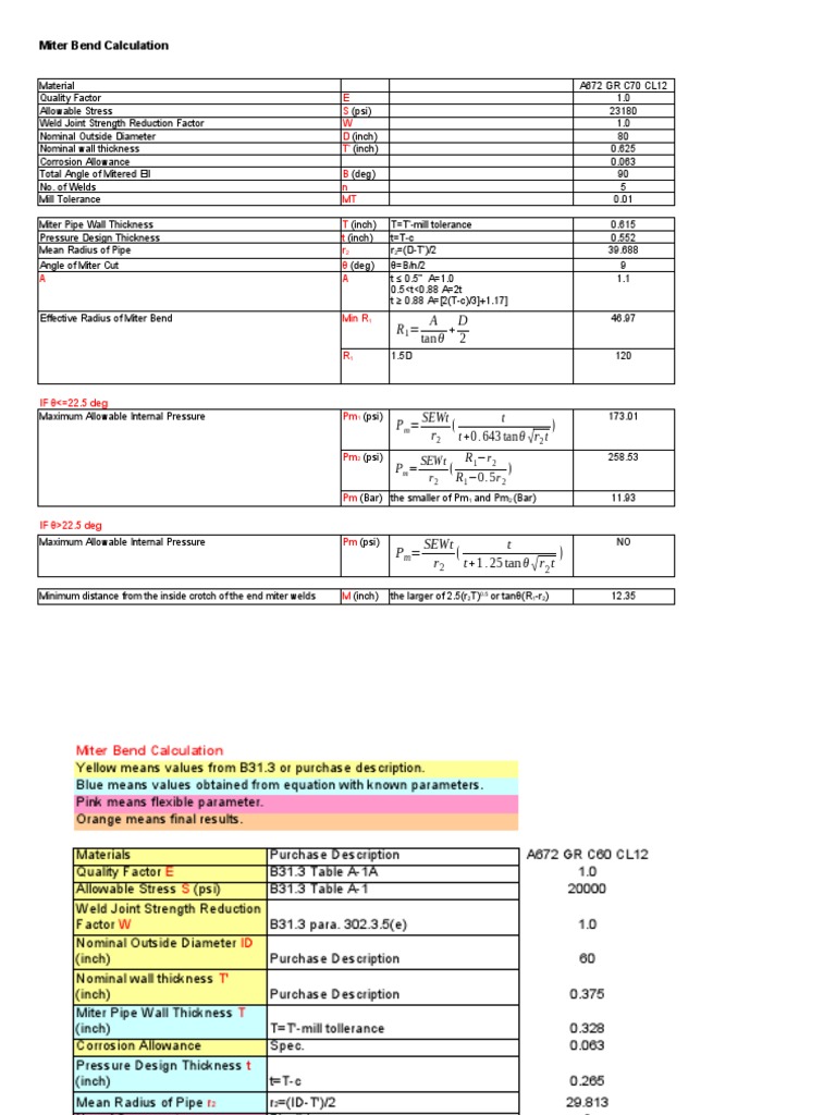 Miter Bend Calculation: E W S D T' B | PDF | Pipe (Fluid Conveyance) | Industrial Processes