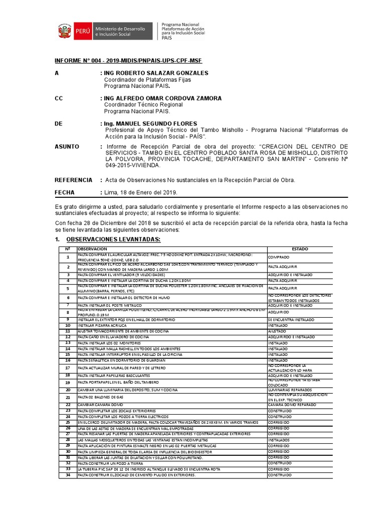 Informe - 004-2019 - PAIS - RECEPCION PARCIAL DE OBRA TAMBO MISHOLLO 2018 | PDF | Procesos ...