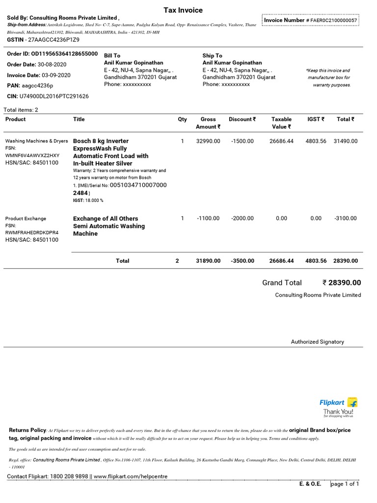 Invoice for Bosch Washing Machine Purchase | PDF | Government Finances ...