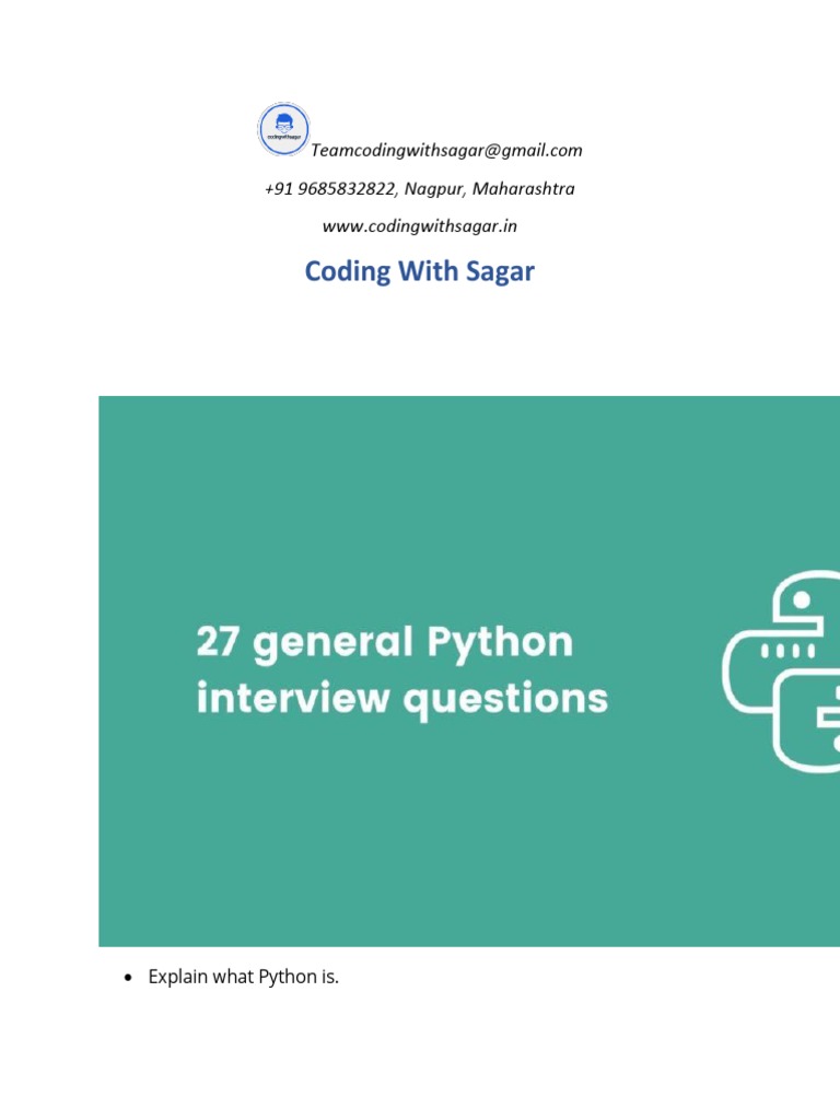 Coding With Sagar: +91 9685832822, Nagpur, Maharashtra WWW - Codingwithsagar.in | PDF | Python ...