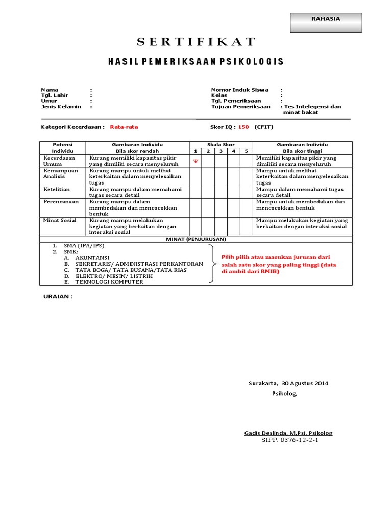 Sertifikat Hasil Tes Psikologi | PDF