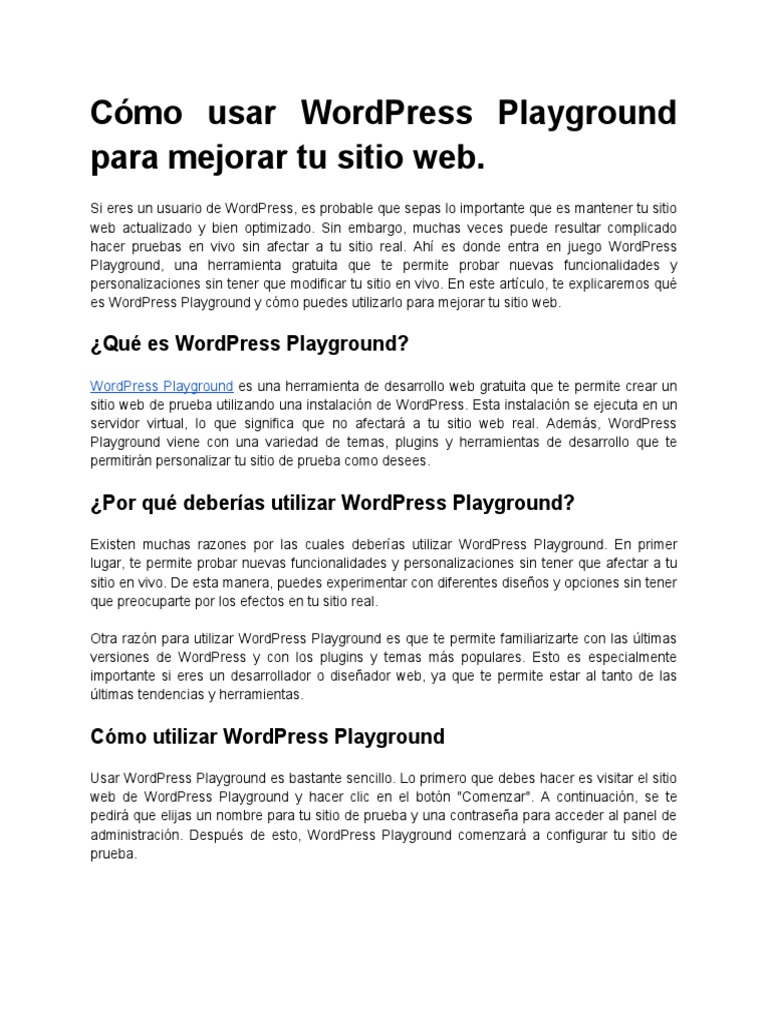 Cómo Usar WordPress Playground para Mejorar Tu Sitio Web | PDF