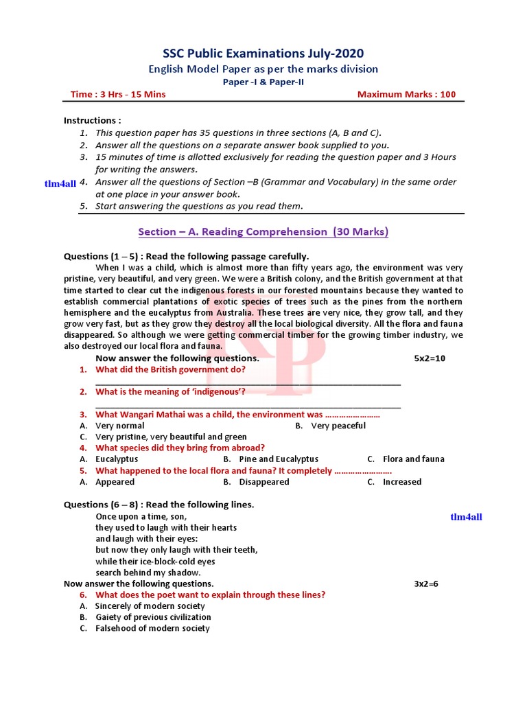 SSC July 2020 English Model Paper | PDF
