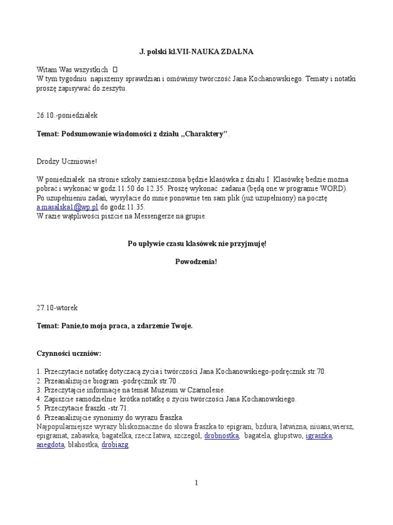 J Polski-Nauka - Zdalna-26 10-30 10 2020r | PDF