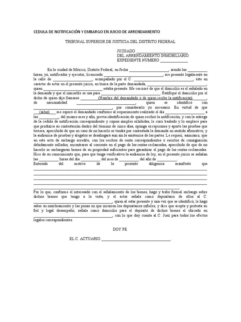 Cedula de Notificación y Embargo en Juicio de Arrendamiento | PDF ... Cedula de Notificación y Embargo en Juicio de Arrendamiento | PDF ...