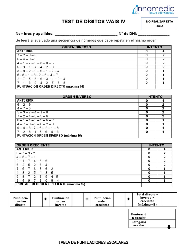 Test de Dígitos Wais Iv Version Corta | Descargar gratis PDF | Escala ...