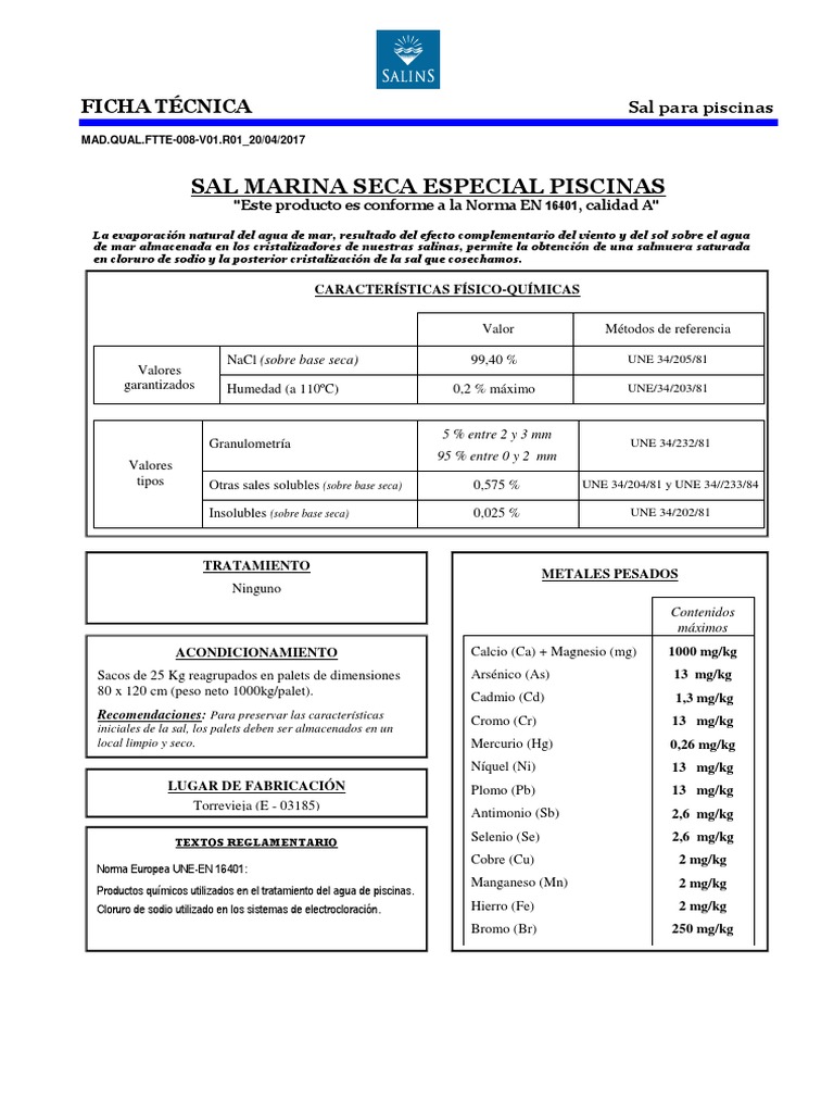 Sal Marina Seca Especial Piscinas: Ficha Técnica | PDF