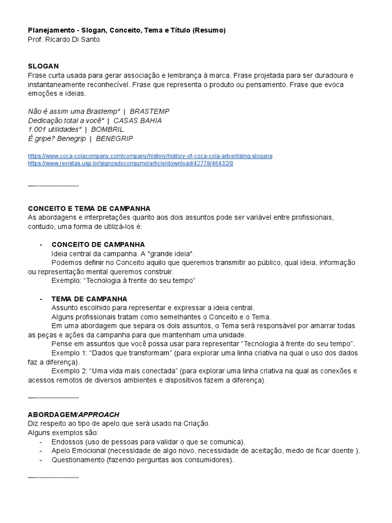 Planejamento - Slogan, Conceito, Tema e Título - Resumo | PDF ...