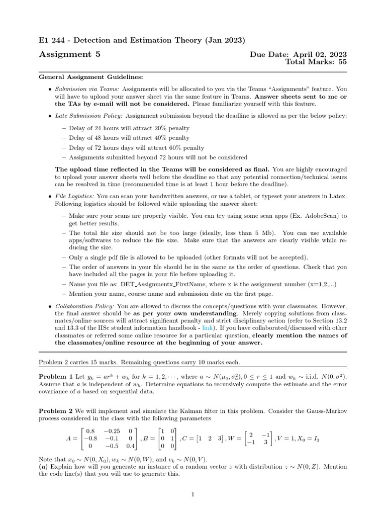 Assignment 5: E1 244 - Detection and Estimation Theory (Jan 2023) Due Date: April 02, 2023 Total ...