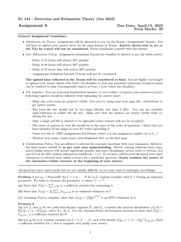 Assignment 6: E1 244 - Detection and Estimation Theory (Jan 2023) Due Date: April 15, 2023 Total ...
