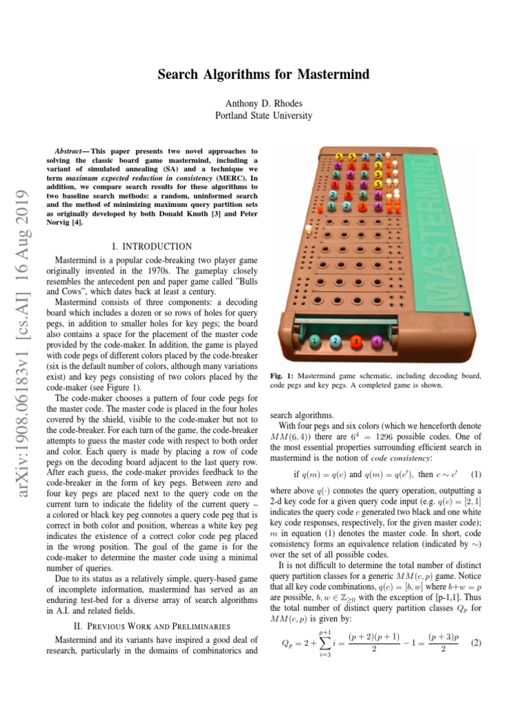 Search Algorithms For Mastermind: Anthony D. Rhodes Portland State University | PDF | Applied ...