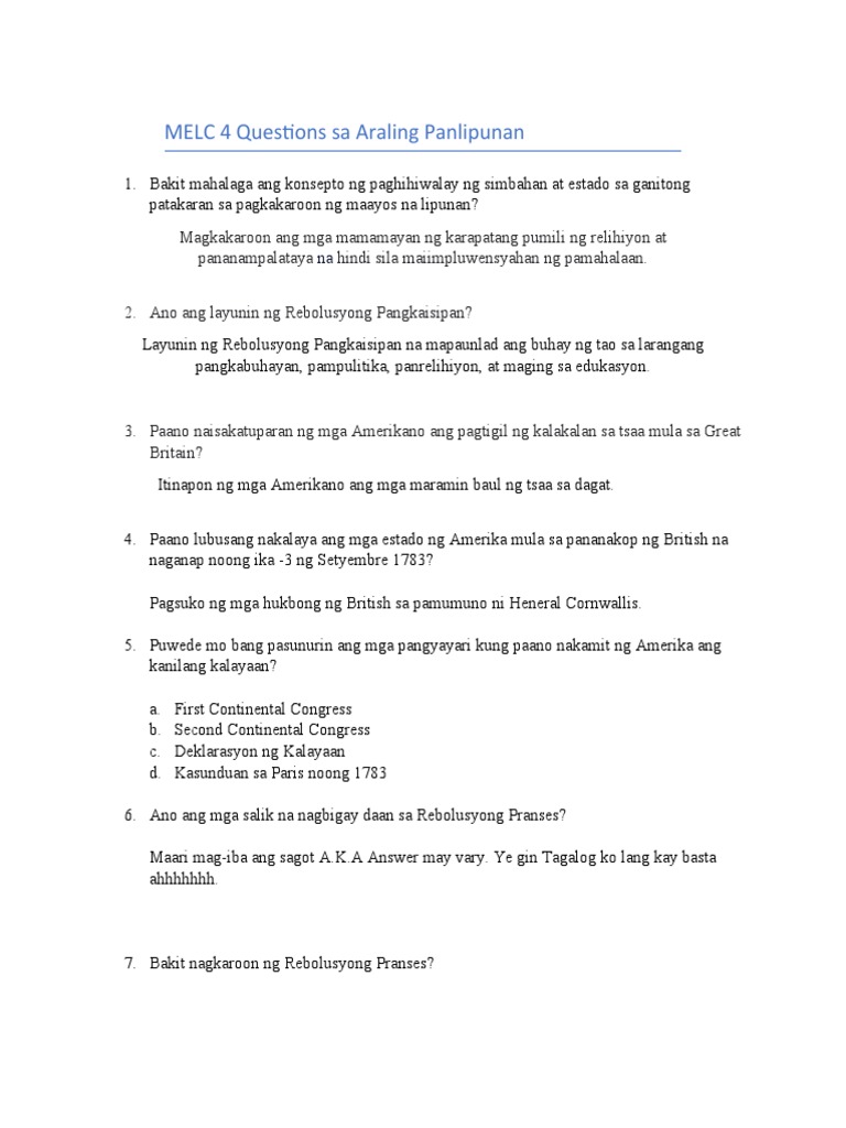 MELC 4 Questions Sa Araling Panlipunan | PDF