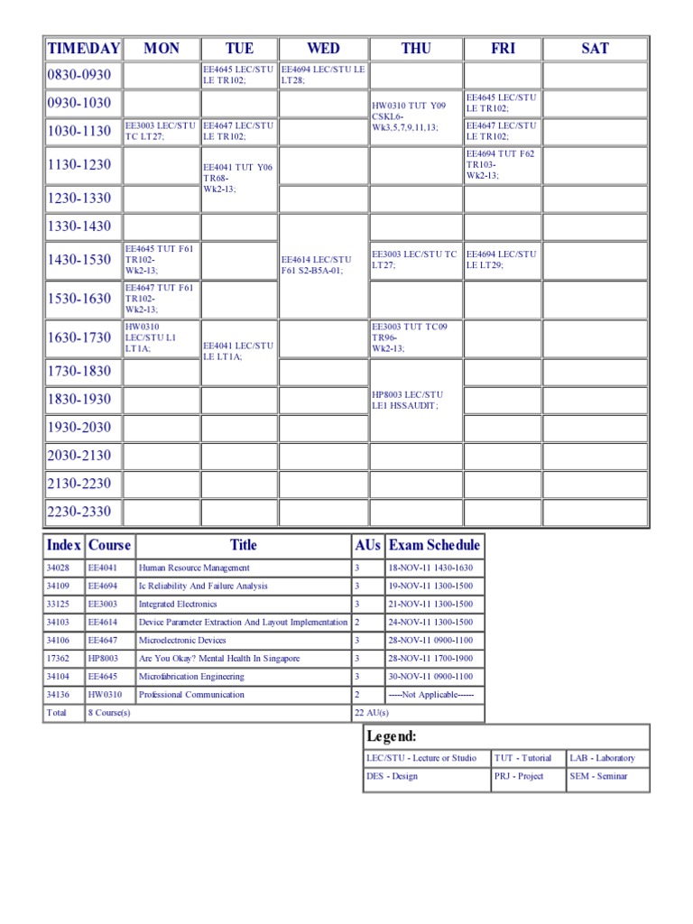 Timetable Duong Year4 Sem1 | PDF | Science & Mathematics