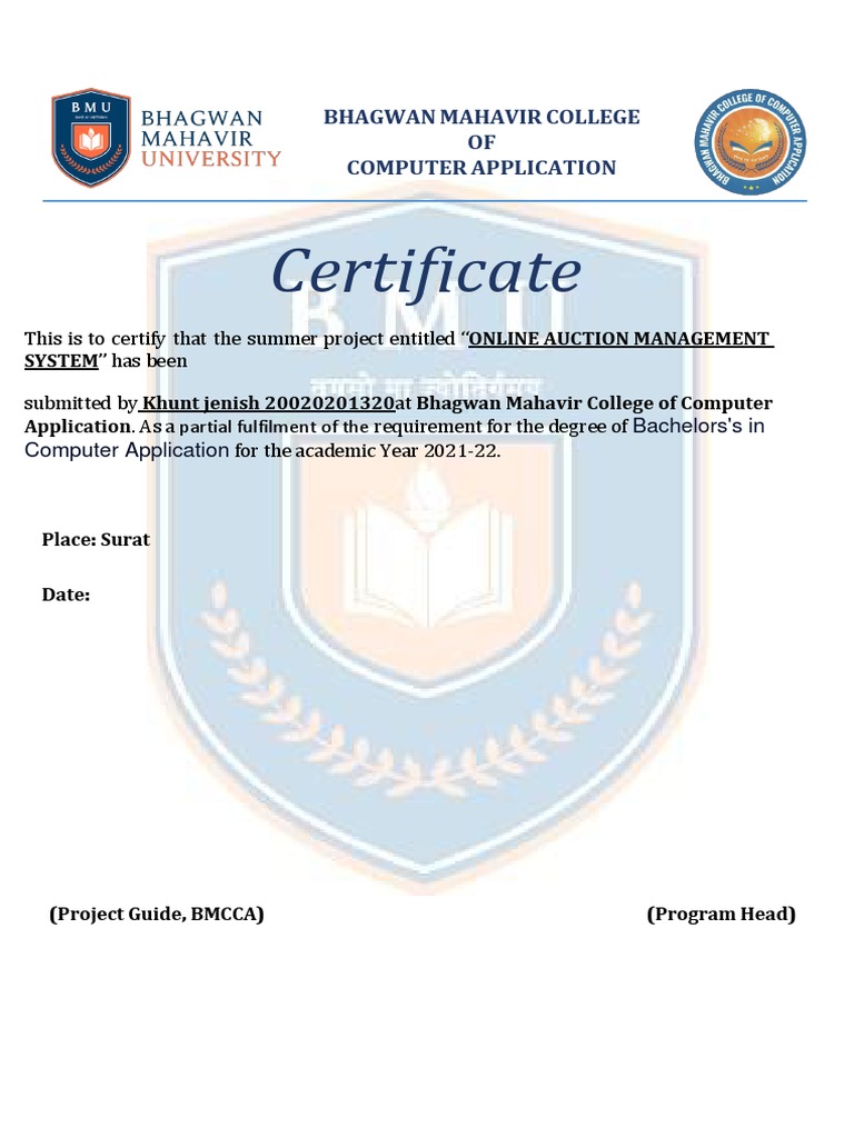 Certificate: Bhagwan Mahavir College OF Computer Application | PDF