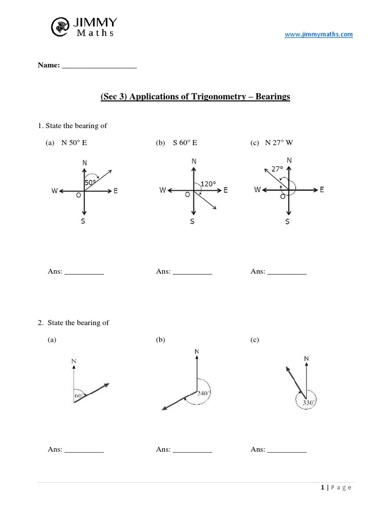 Sec 3 Applications of Trigonometry - Bearings Assignment | PDF ...