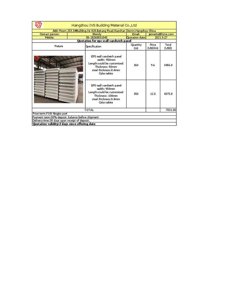 EPS Sandwich Panel Quotation Details | PDF