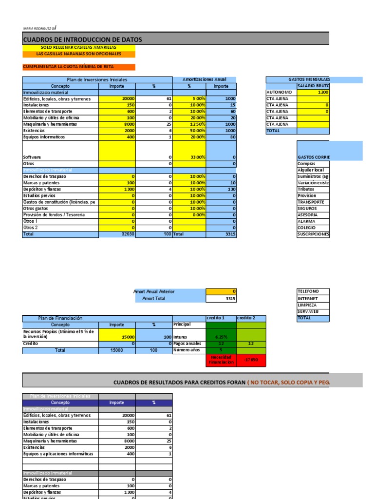 Cuadros de Introduccion de Datos: Plan de Inversiones Iniciales Inmovilizado Material ...