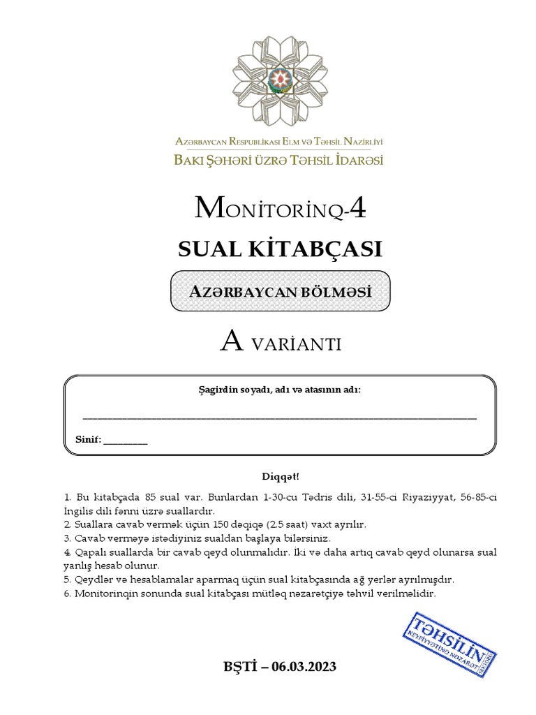 Ix Sınıf Sınaq 3 Mart 2023 A Var | PDF