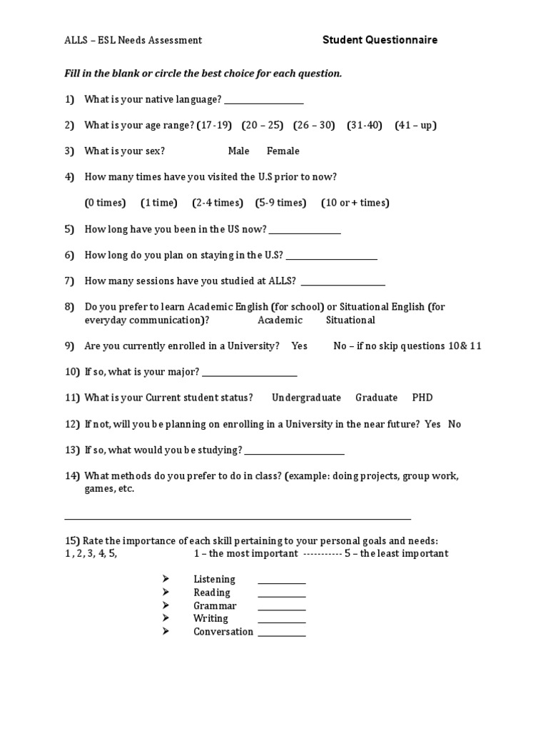 ESL Needs Assessment | PDF
