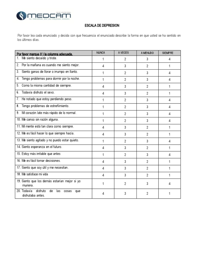 Escala de Depresion | PDF | Depresión (estado de ánimo) | Trastorno depresivo mayor