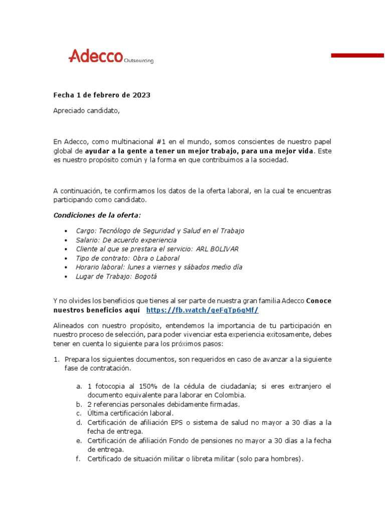 Carta Invitación Proceso De Selección Rv Legal Adecco Pdf