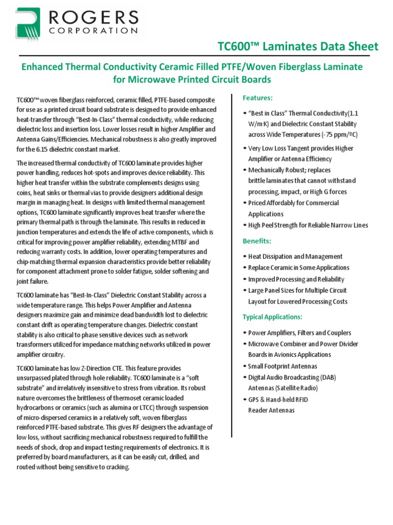 TC600 Laminates Data Sheet | PDF | Printed Circuit Board | Antenna (Radio)