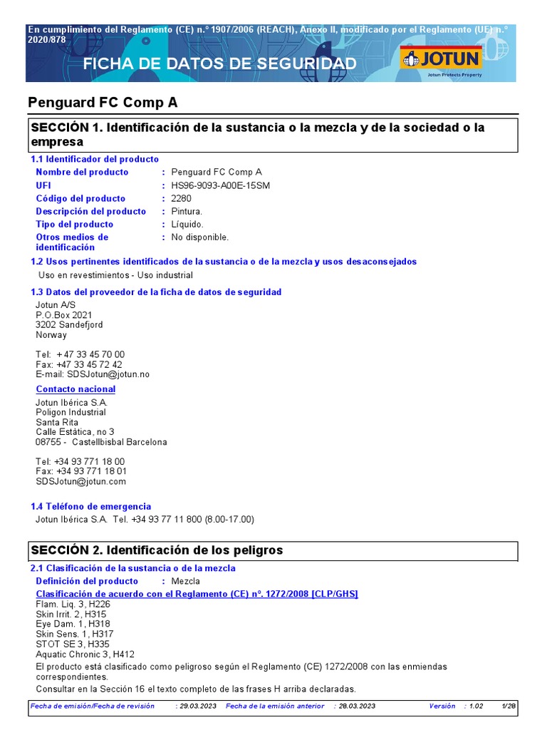 SDS 2280 Penguard FC Comp A Esp ES | PDF | Agua | Alergia