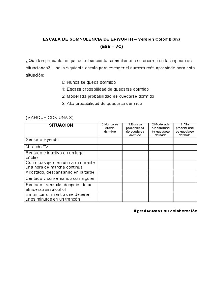 Escala Epworth Version Colombiana | PDF | Especialidades Medicas ...