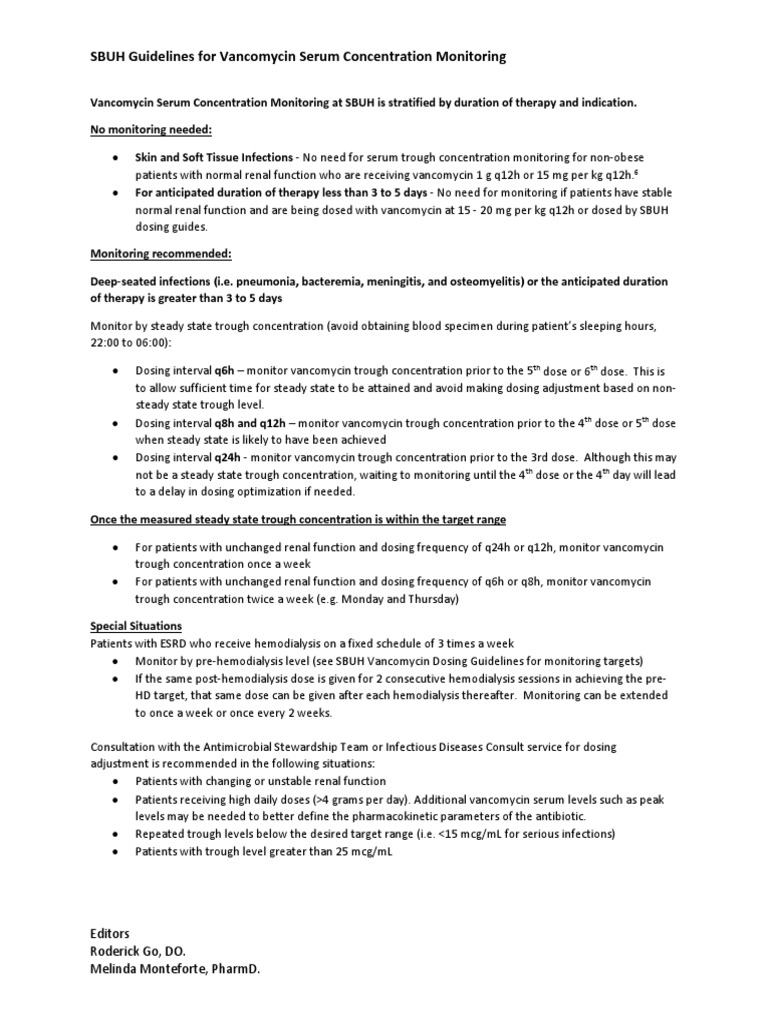 SBUH Guidelines For Vancomycin Serum Concentration Monitoring | PDF