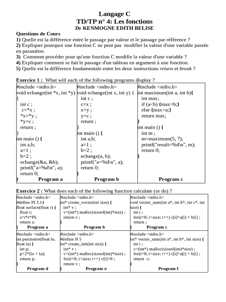Langage C TD/TP N° 4: Les Fonctions:) Program A) Program B) Program C | PDF