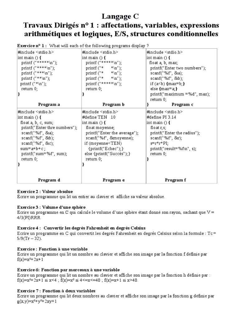 Langage C Travaux Dirigés N° 1: Affectations, Variables, Expressions Arithmétiques Et Logiques ...