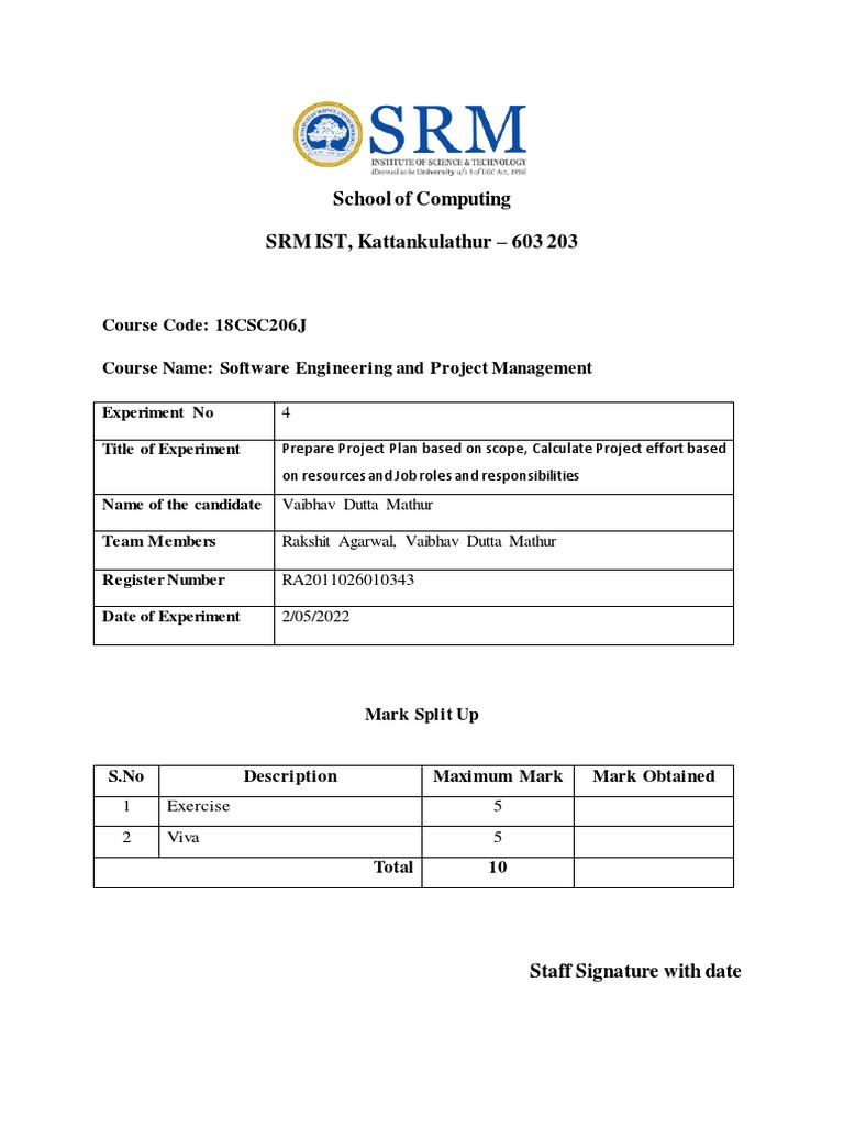 18CSC206J SEPM Ex 4 | PDF