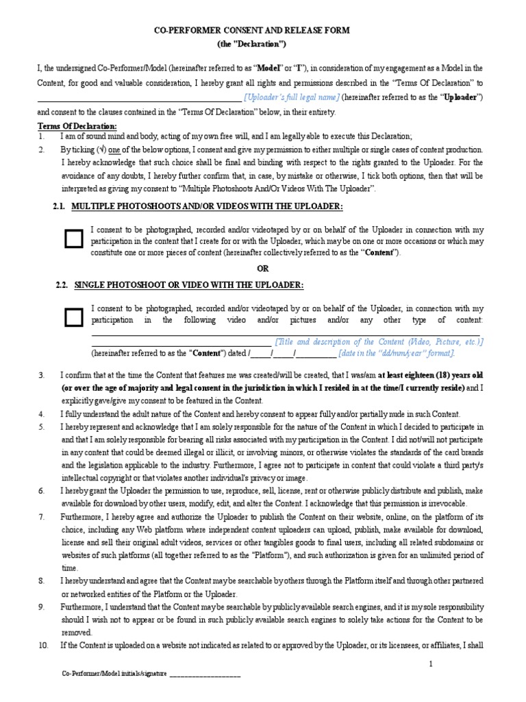 (Uploader's Full Legal Name) : Co-Performer/Model Initials/signature ...