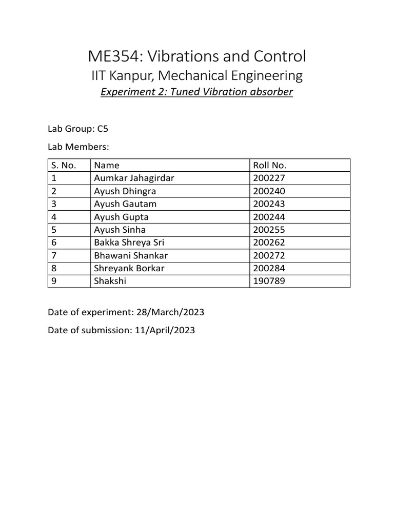 ME354: Vibrations and Control: IIT Kanpur, Mechanical Engineering | PDF