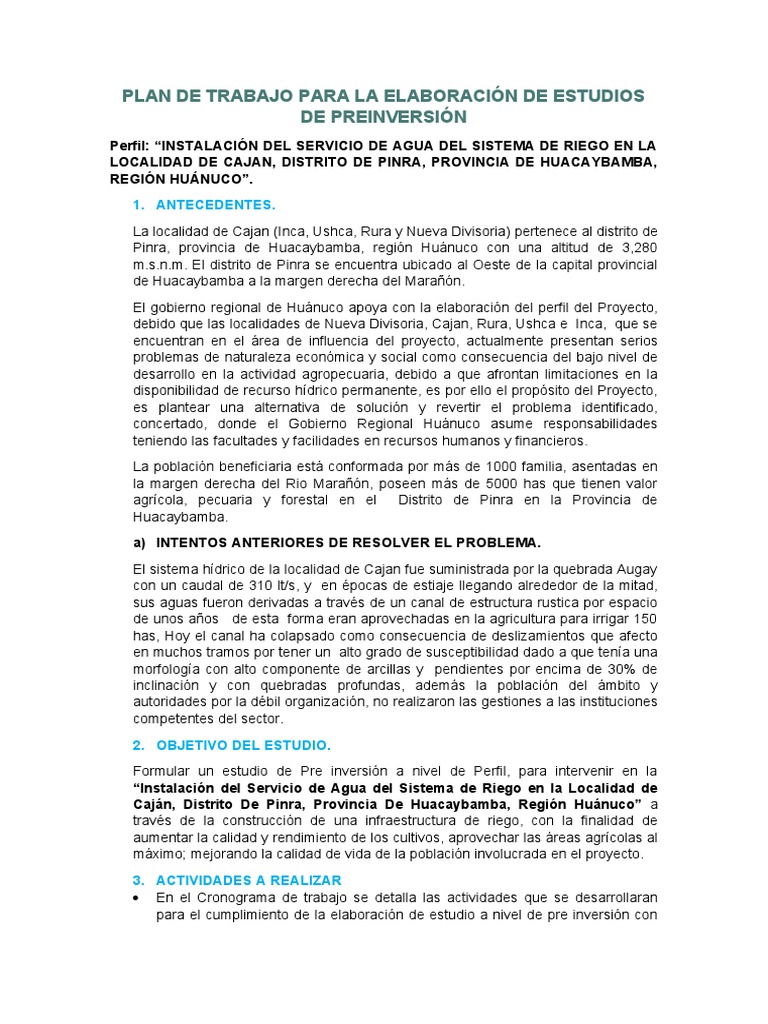 Plan de Trabajo Pinra | PDF | Riego | Hidrología