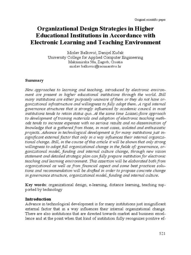 Balkovic, Kucak, Organizational Design Strategies in Higher Educational ...