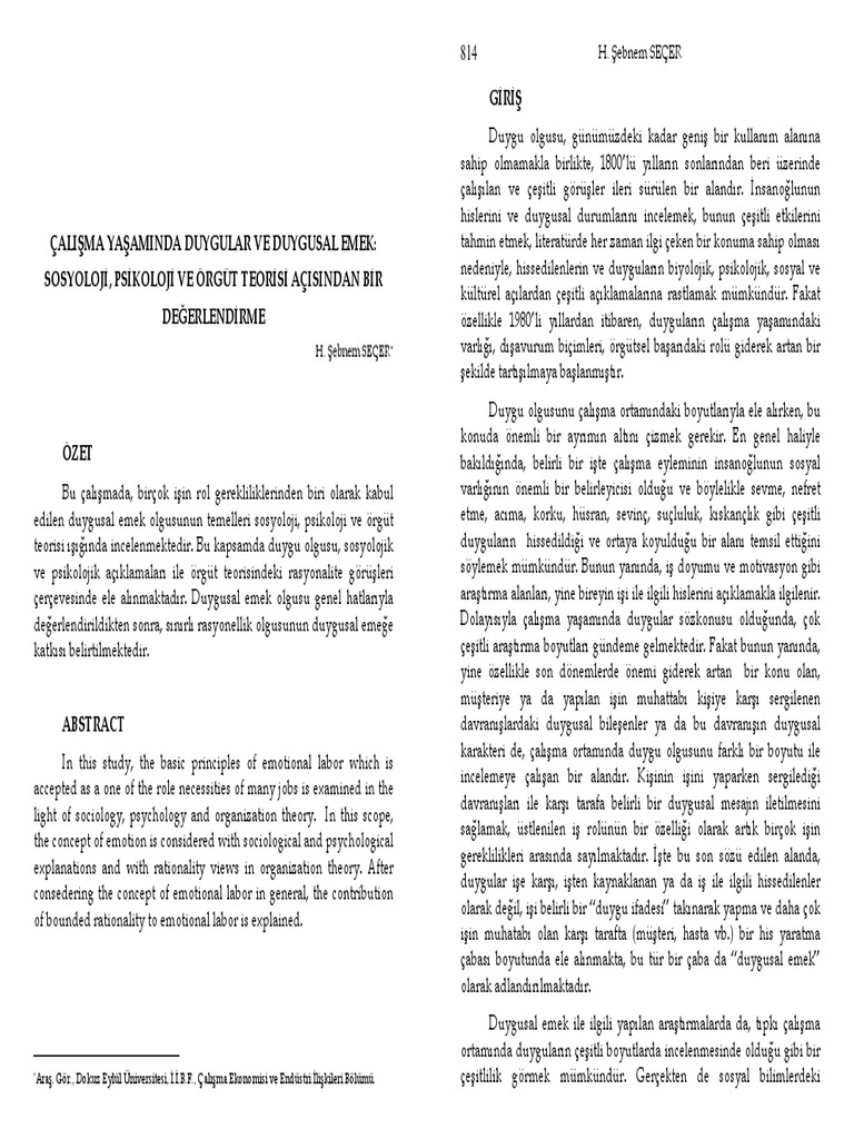 Ali - Ma Ya - Aminda Duygular Ve Duygusal Emek - Sosyoloj - , PS - Koloj - Ve - RG - T Teor - S ...