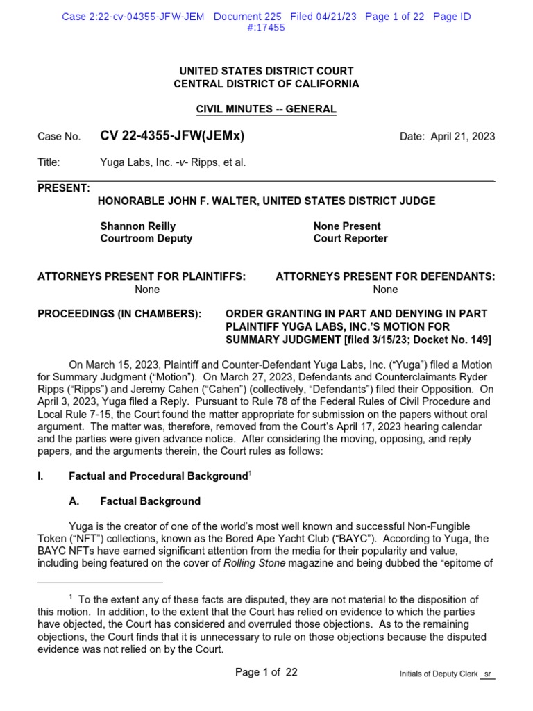 Yuga Labs Summary Judgement | PDF | Summary Judgment | Common Law