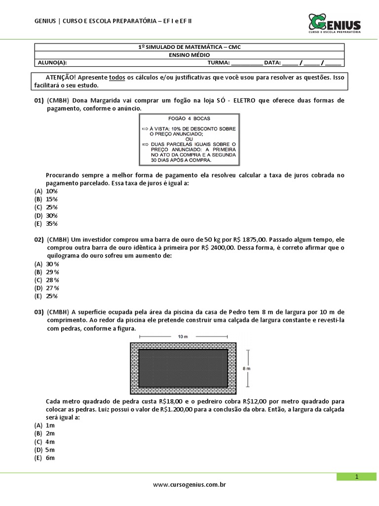 1o SIMULADO DE MATEMATICA CMC ENSINO MEDIO | PDF