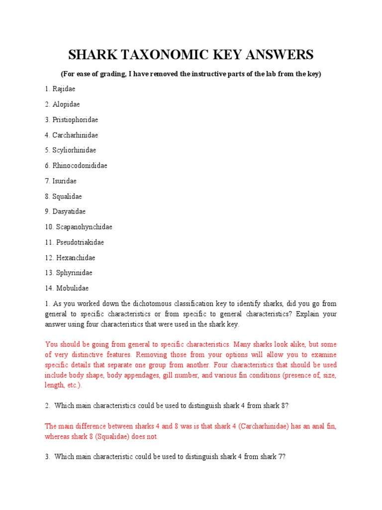 1 - Shark Key and Question Answers | PDF | Taxonomy (Biology) | Species
