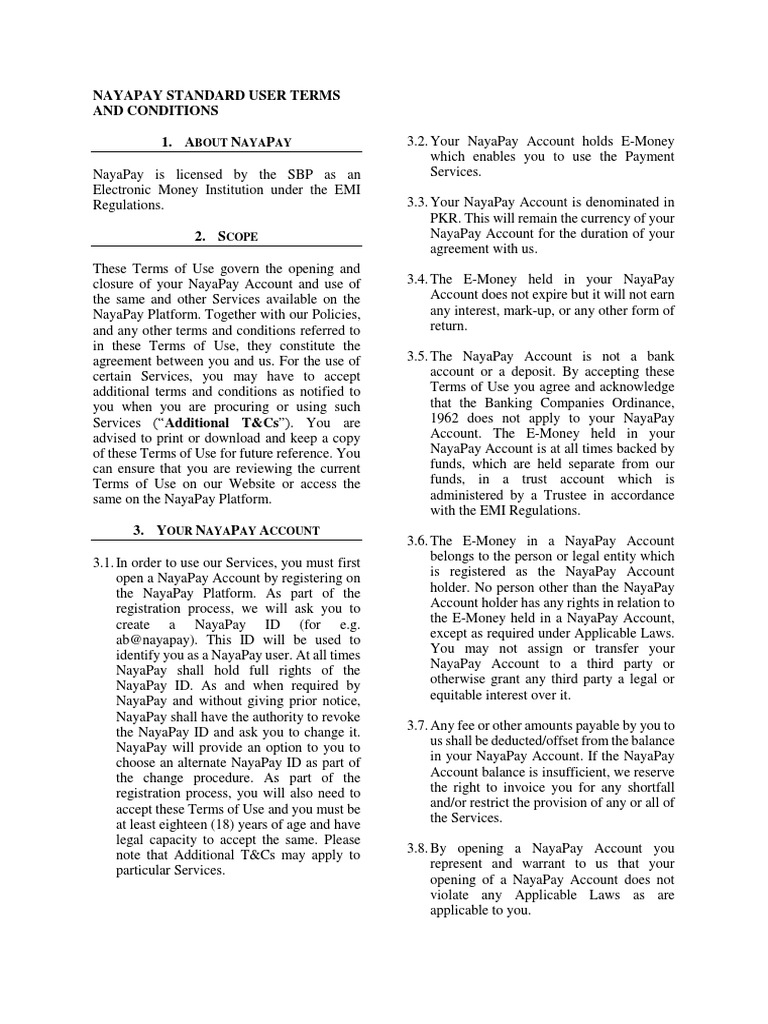 Nayapay Standard User Terms and Conditions 1. A N P: Bout AYA AY | PDF | Debit Card | Personal ...
