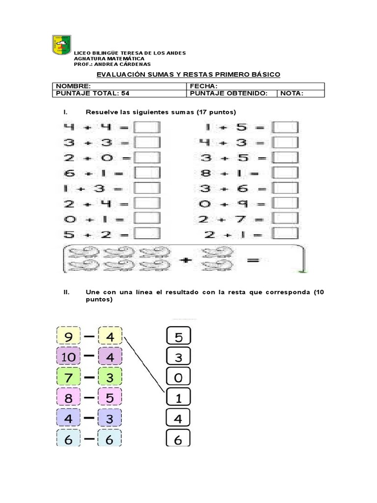 Evaluación Matemática Sumas y Restas | PDF