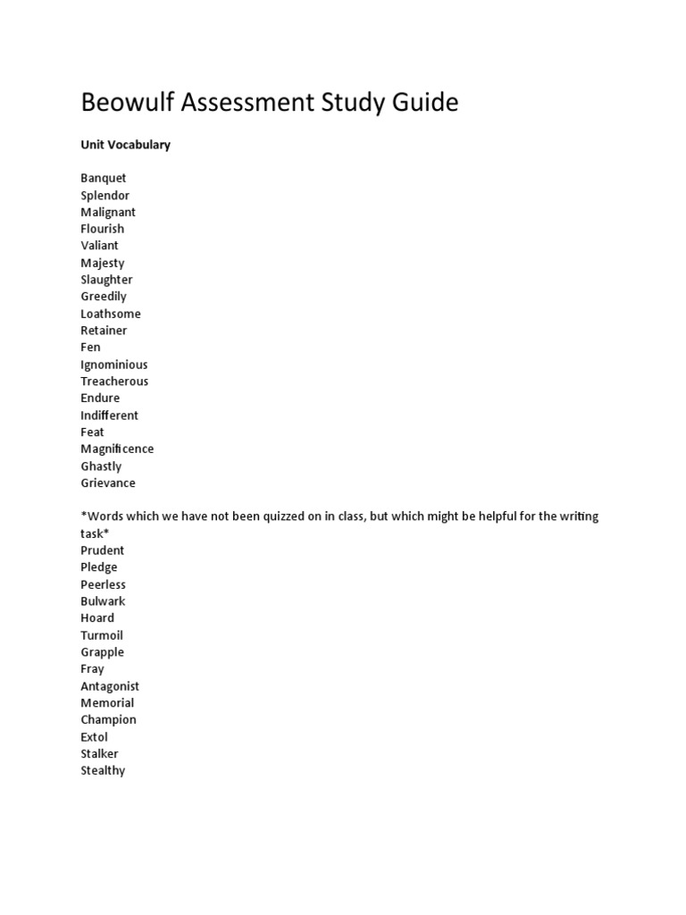 Beowulf Assessment Study Guide: Anglo-Saxon Epic Battle | PDF | Beowulf
