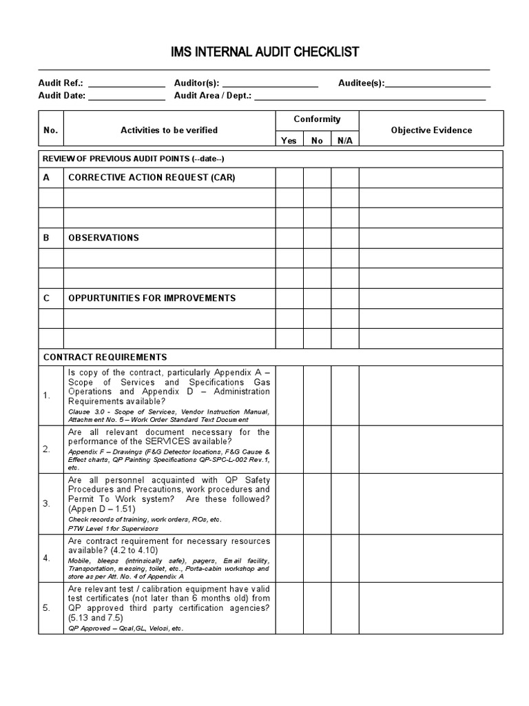 Internal Audit IMS Checklist | PDF | Audit | Internal Audit