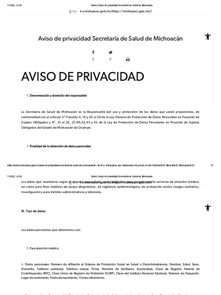 Salud Aviso de Privacidad Secretaría de Salud de Michoacán 2022 | PDF ...